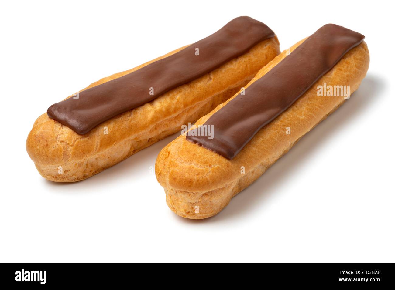 Pair of traditional French eclairs isolated on white background close ...