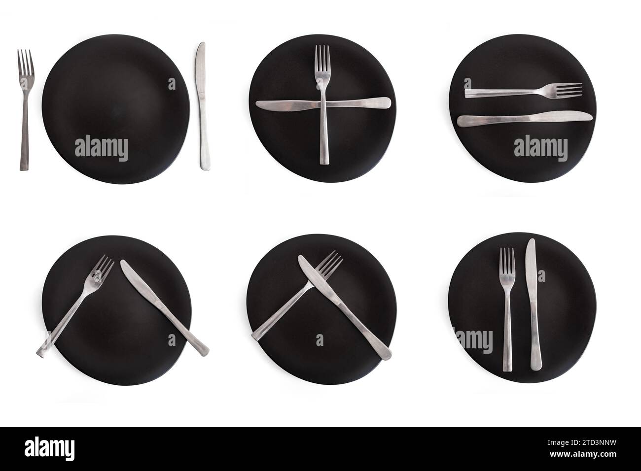 Cutlery gestures on six black ceramic plates, message for the chef ...