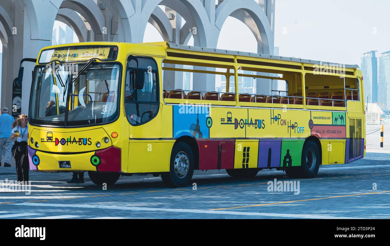Doha, Qatar- December 14,2023 : doha city tour bus in boarding ...
