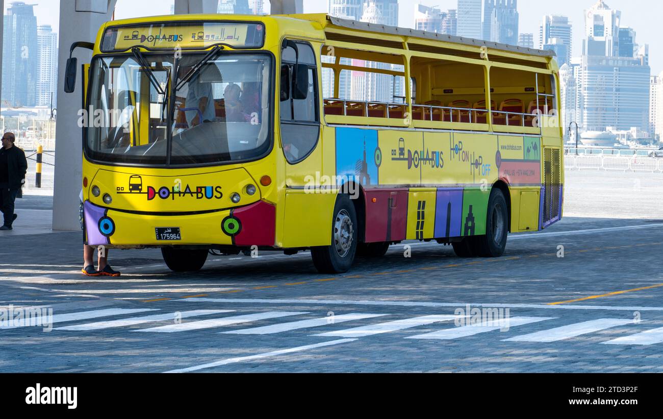 Doha, Qatar- December 14,2023 : doha city tour bus in boarding ...