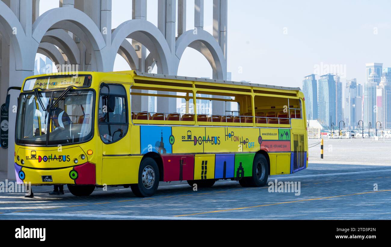 Doha, Qatar- December 14,2023 : doha city tour bus in boarding ...