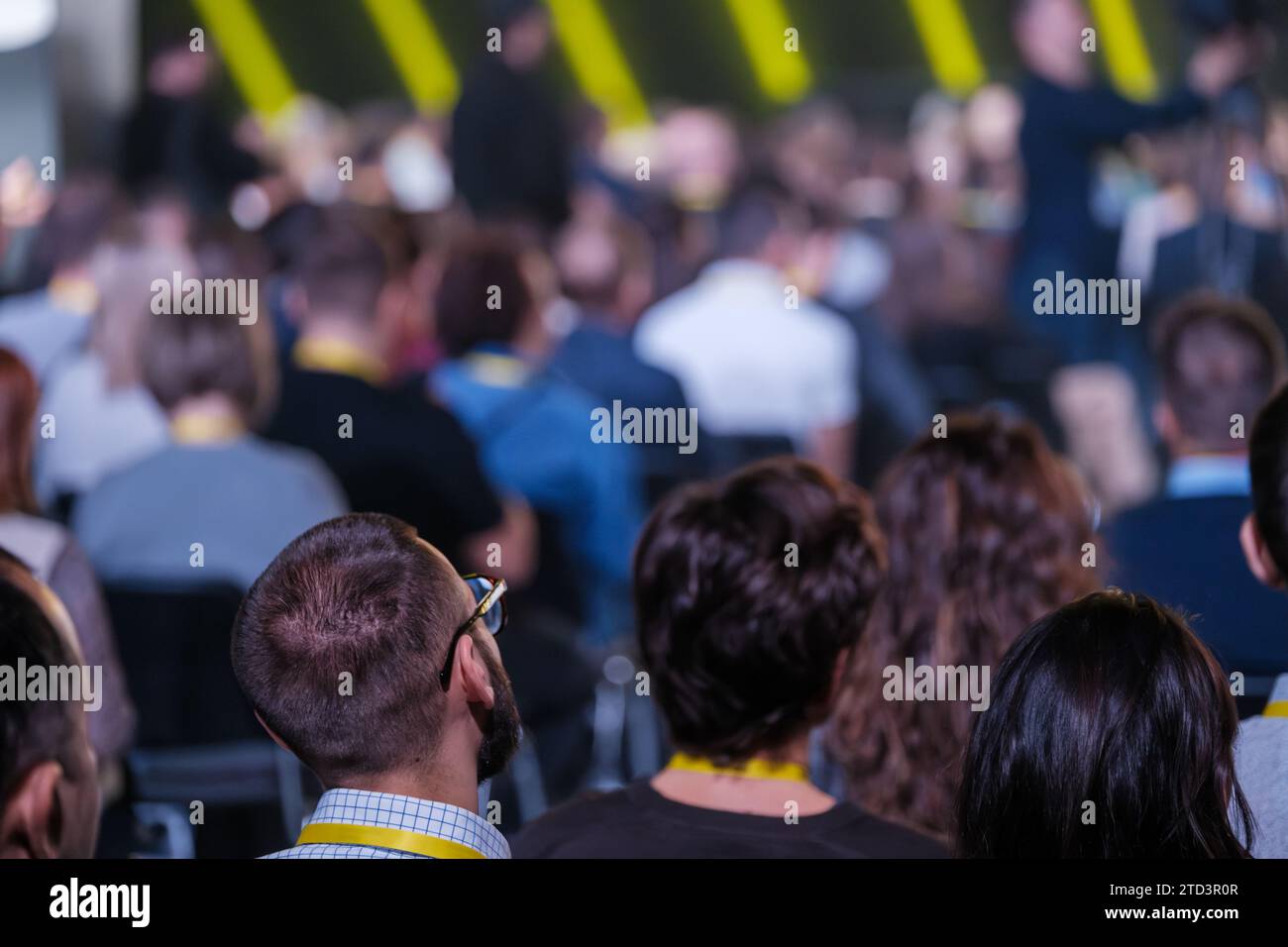 Side view of multiethnic business crowd attending global seminar at ...