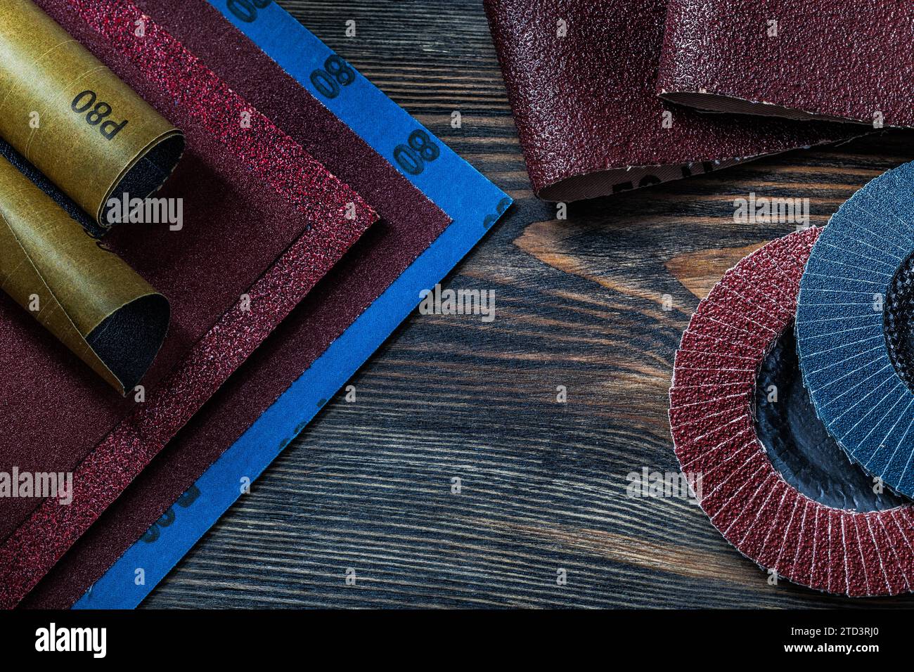 Abrasive tools sand paper and abrasive wheels on vintage wood Stock ...