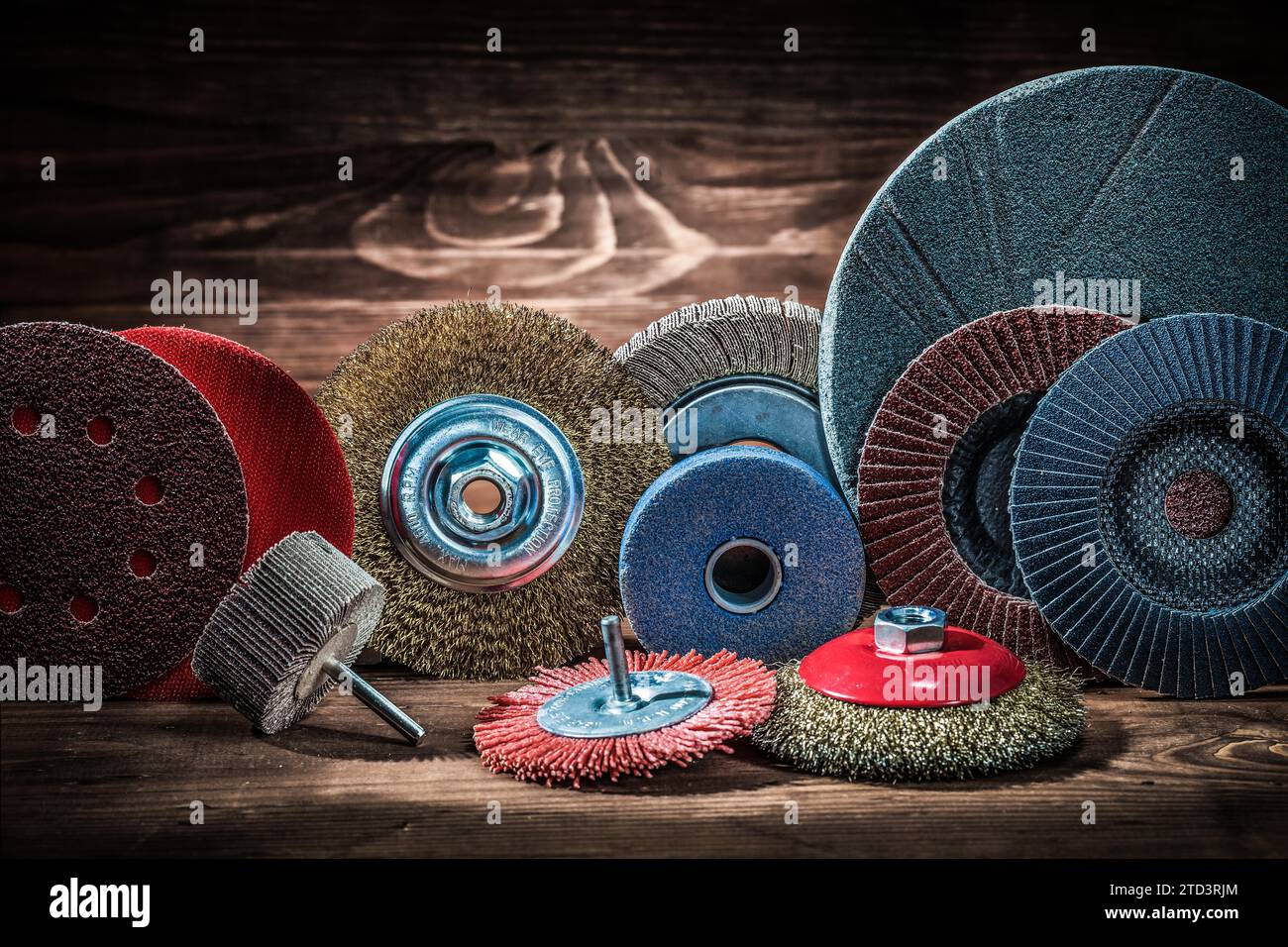 Abrasive rotary wheels set on vintage wood Stock Photo - Alamy