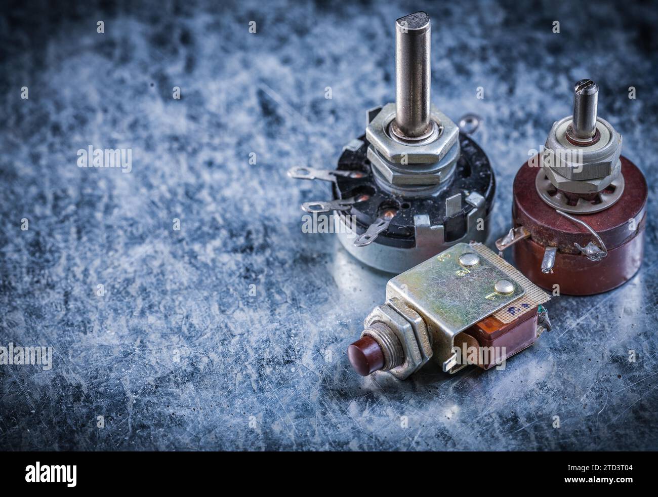 Electric toggles on metallic surface top view electricity concept Stock ...