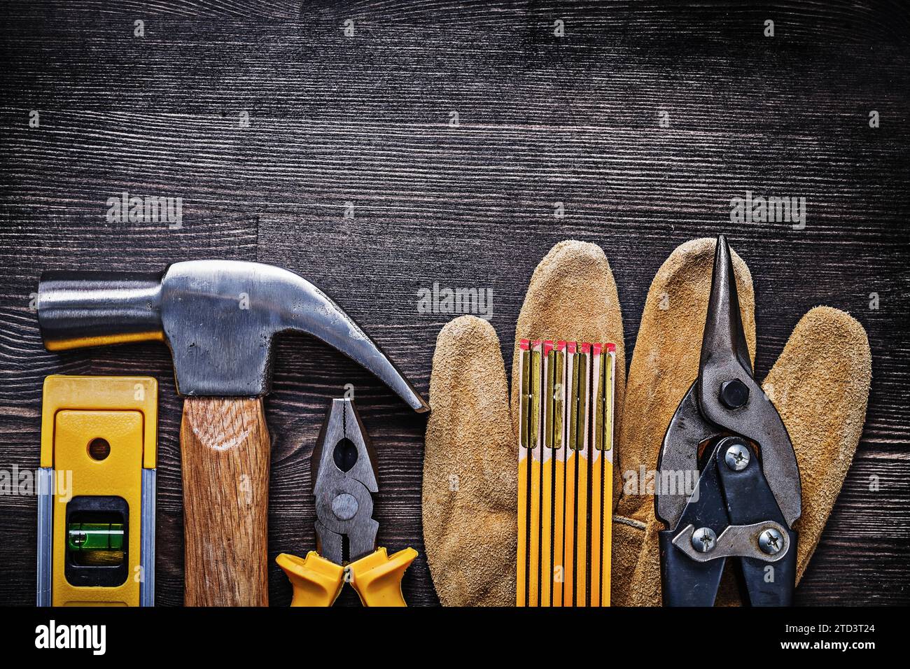 Hammer safety gloves wooden meter construction level pliers steel ...