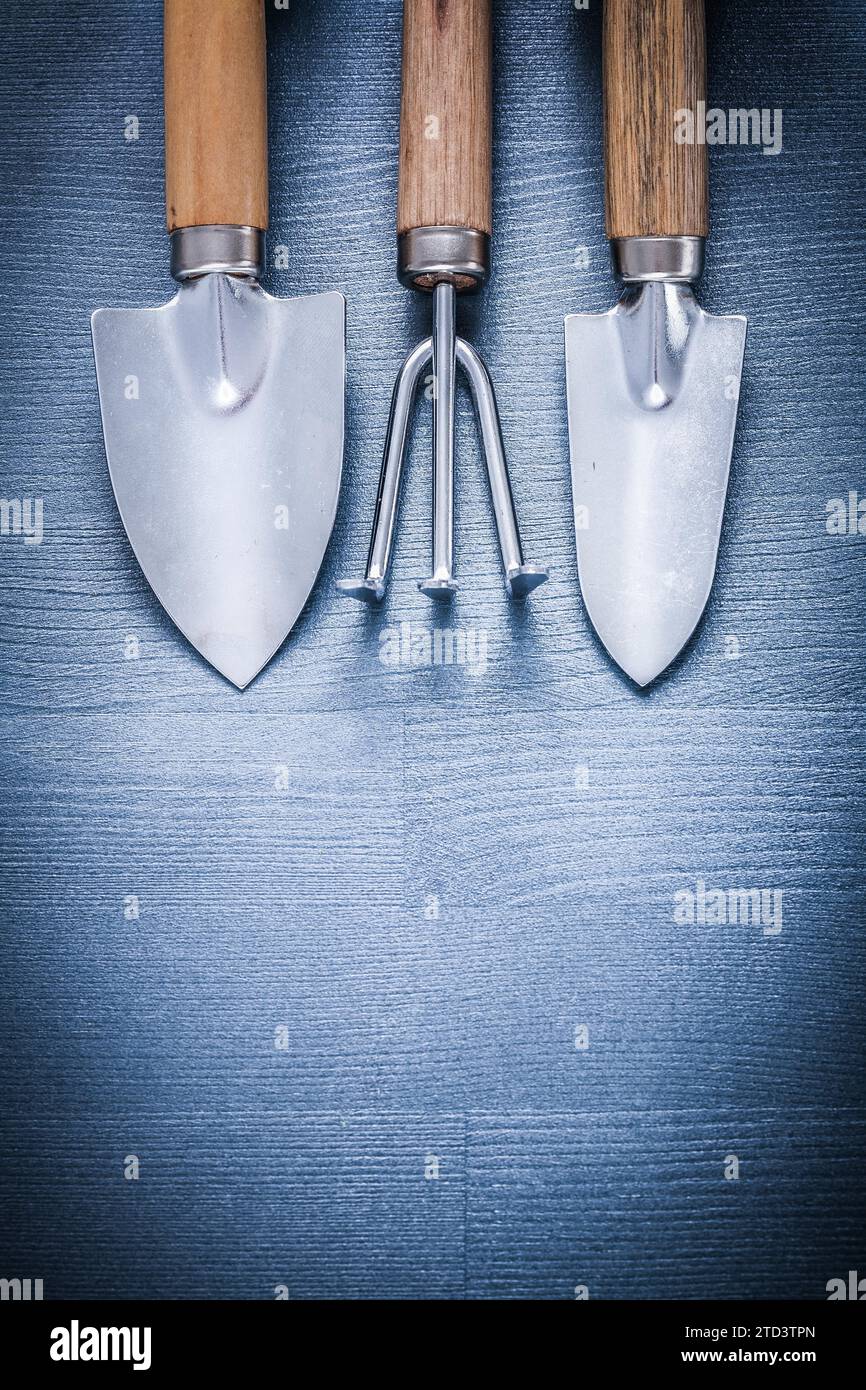 Vertical version two small garden spades and fork with copy space Stock ...