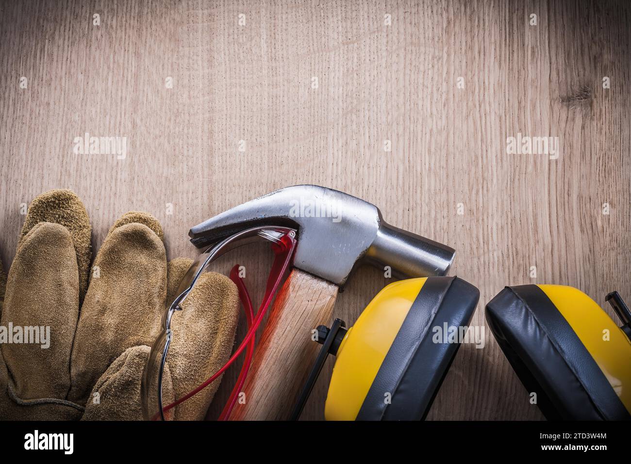 Group of industrial safety objects and hammer in plan view Stock Photo ...