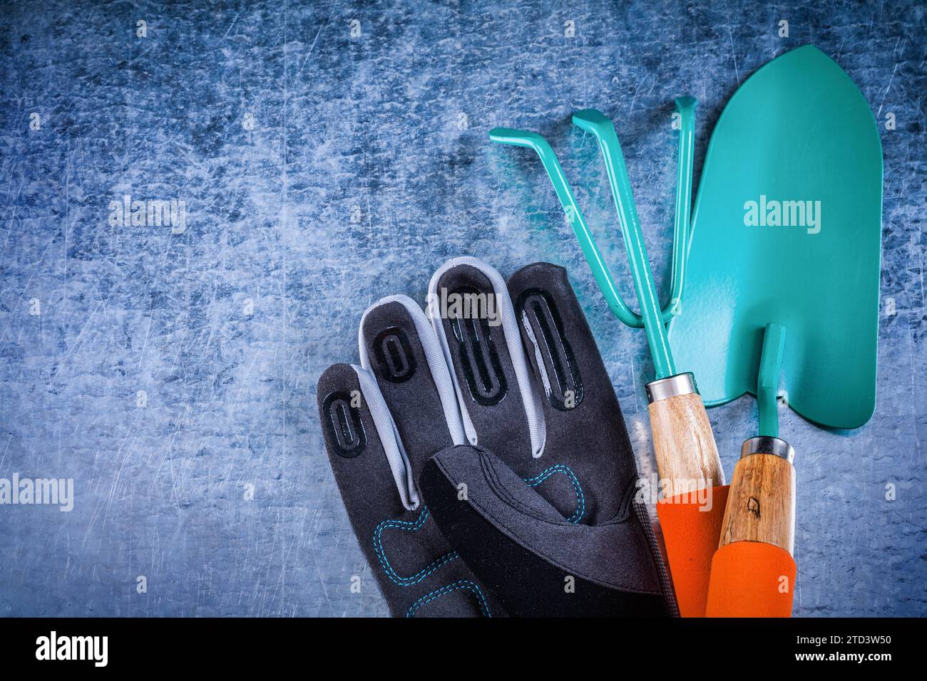 Hand spade metal rake safety gardening gloves agriculture concept Stock ...