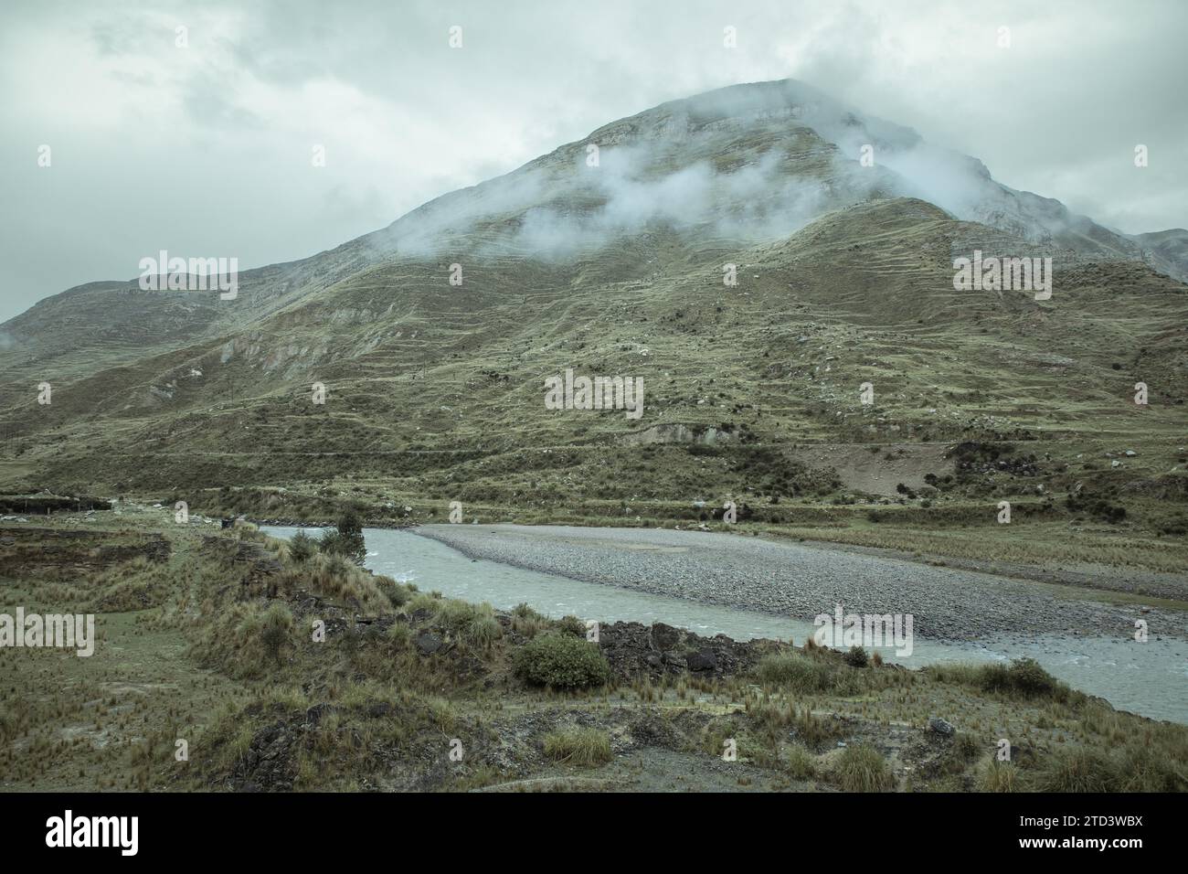 Landscape in the highlands, river Mantaro, early morning fog ...