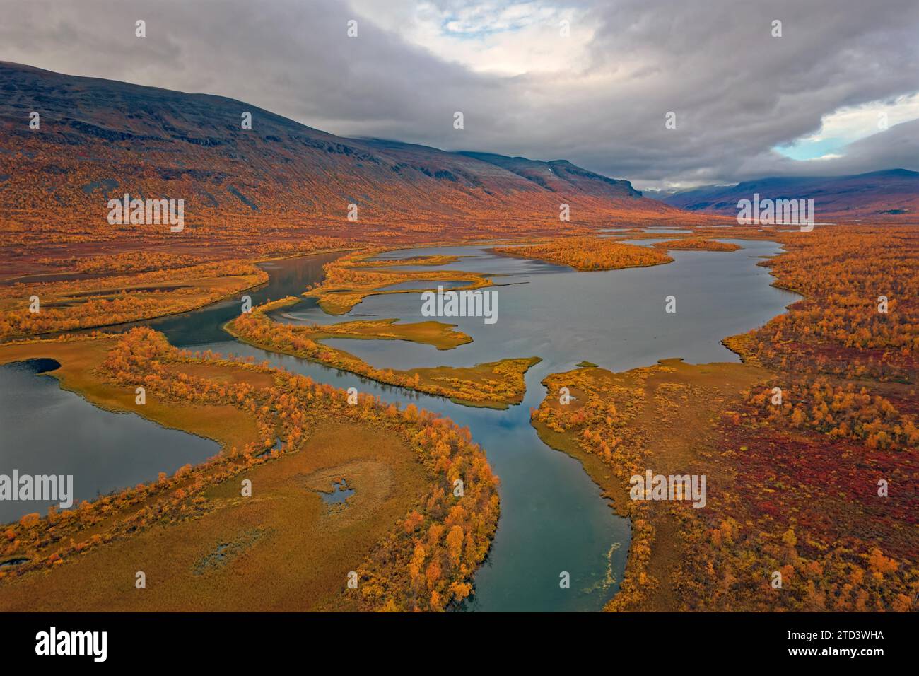 Drone shot, view of the valley Vistasvagge with the meandering river ...