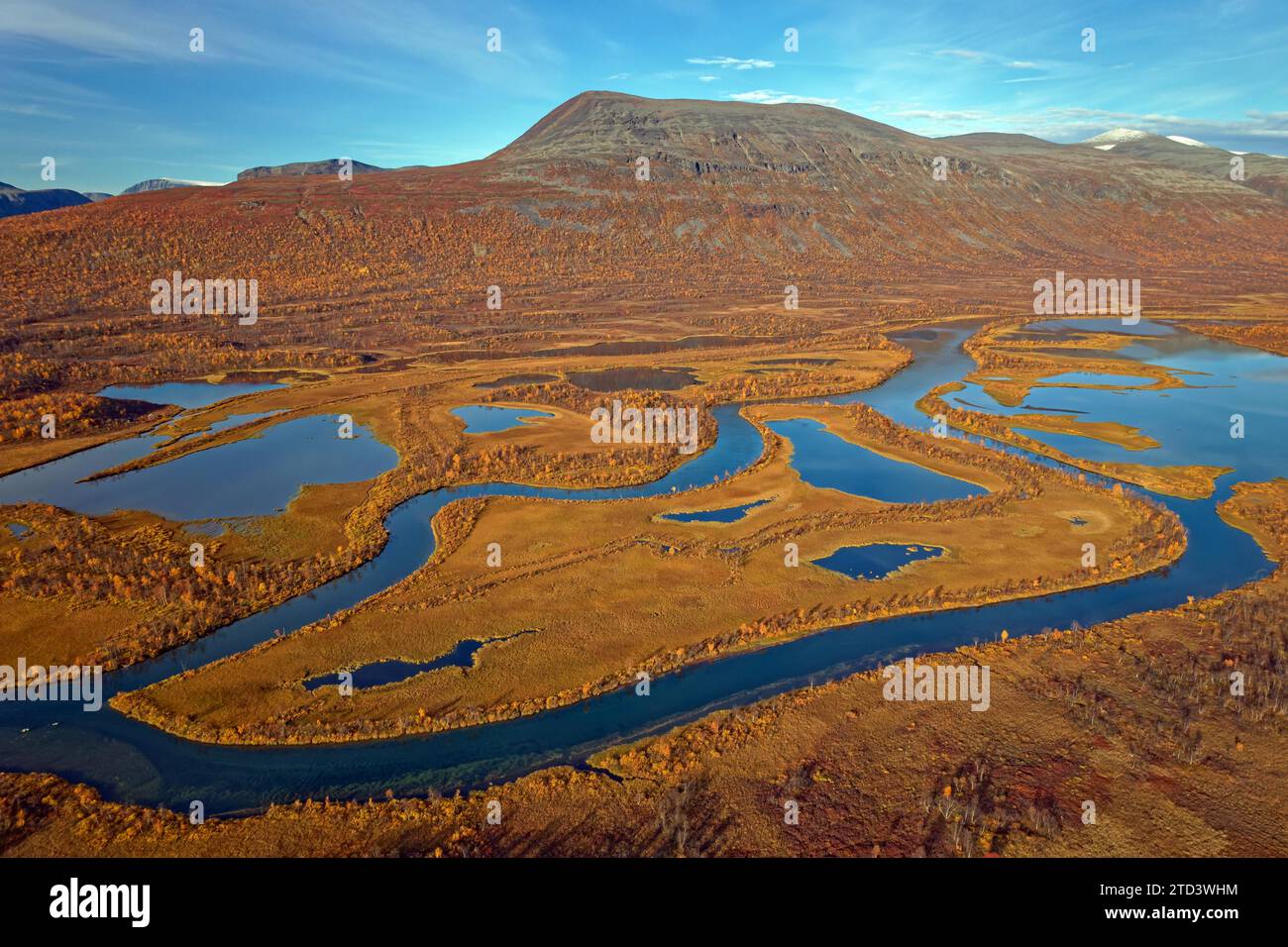 Drone shot, view of the valley Vistasvagge with the meandering river ...