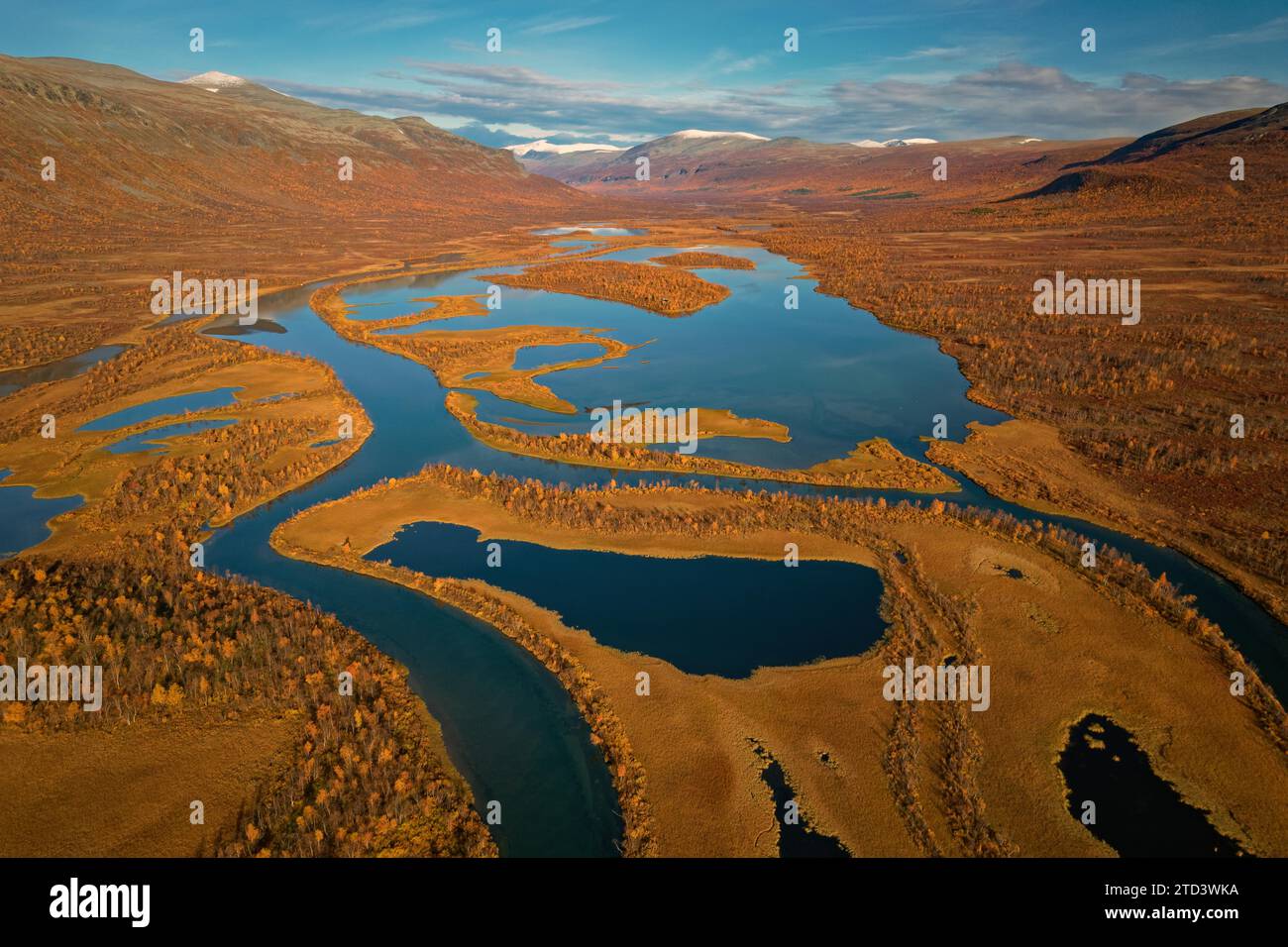 Drone shot, view of the valley Vistasvagge with the meandering river ...