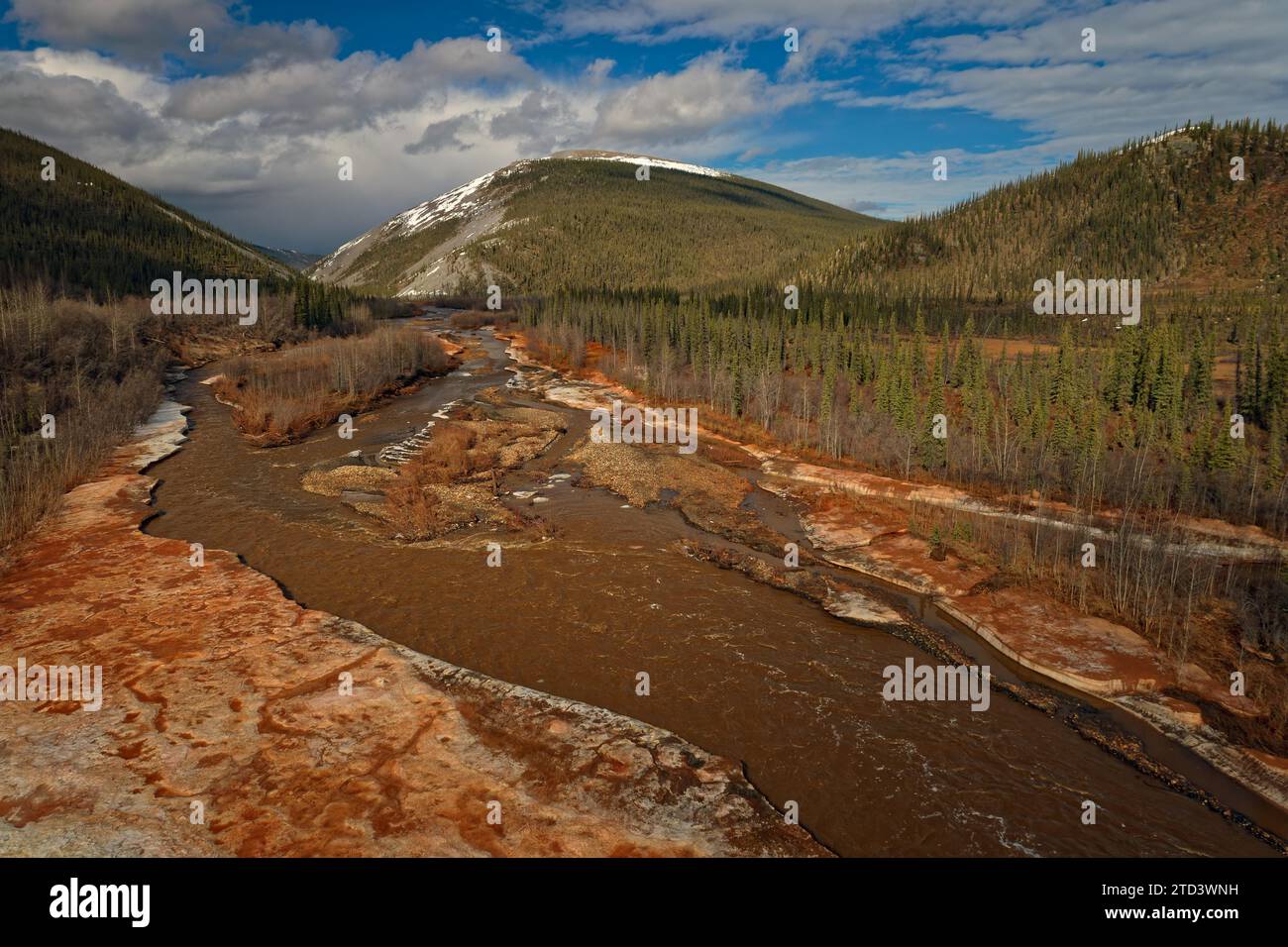 Drone image, view of Engineer Creek, ice break-up, intense red ...