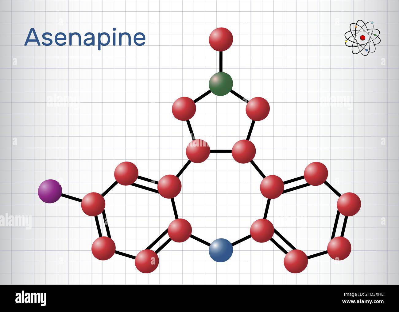 Asenapine molecule. Structural chemical formula, molecule model. Sheet ...
