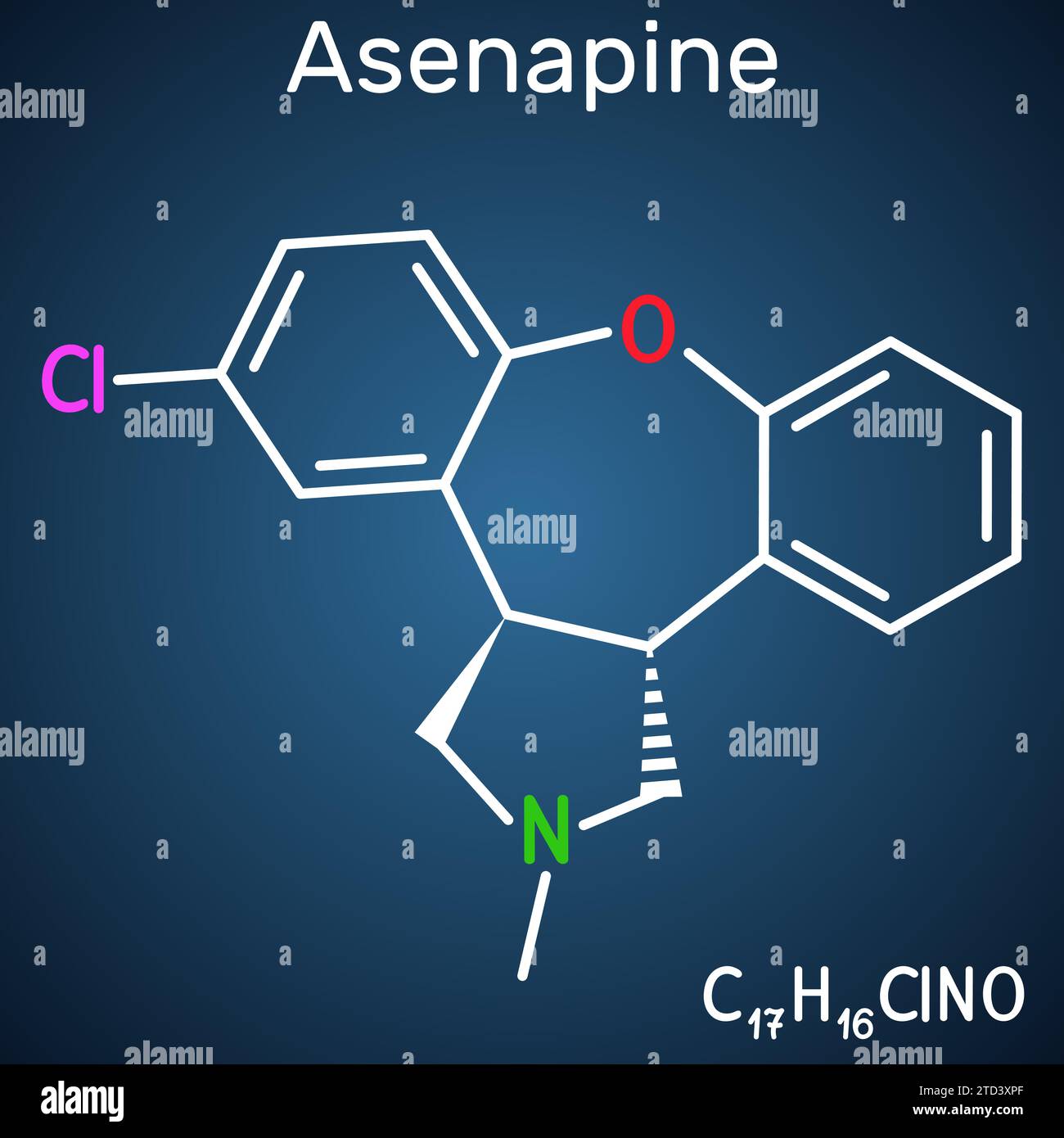 Asenapine molecule. Structural chemical formula on the dark blue ...