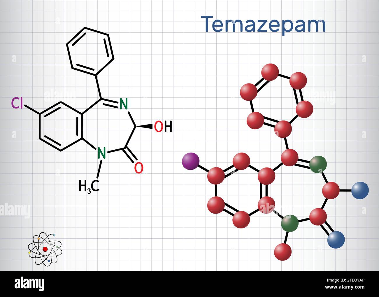 Temazepam drug molecule. It is benzodiazepine. Structural chemical ...