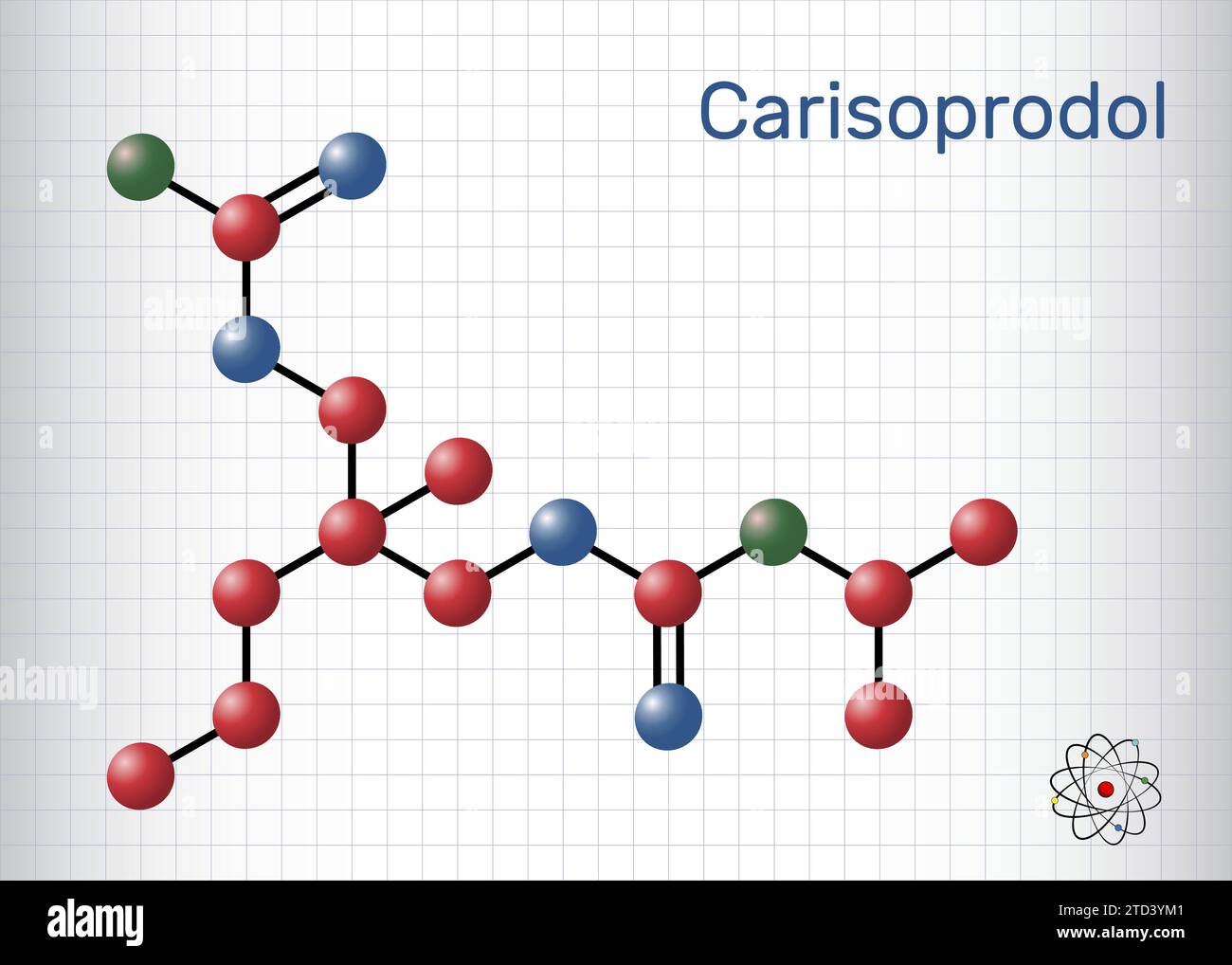 Carisoprodol molecule. Structural chemical formula, molecule model ...