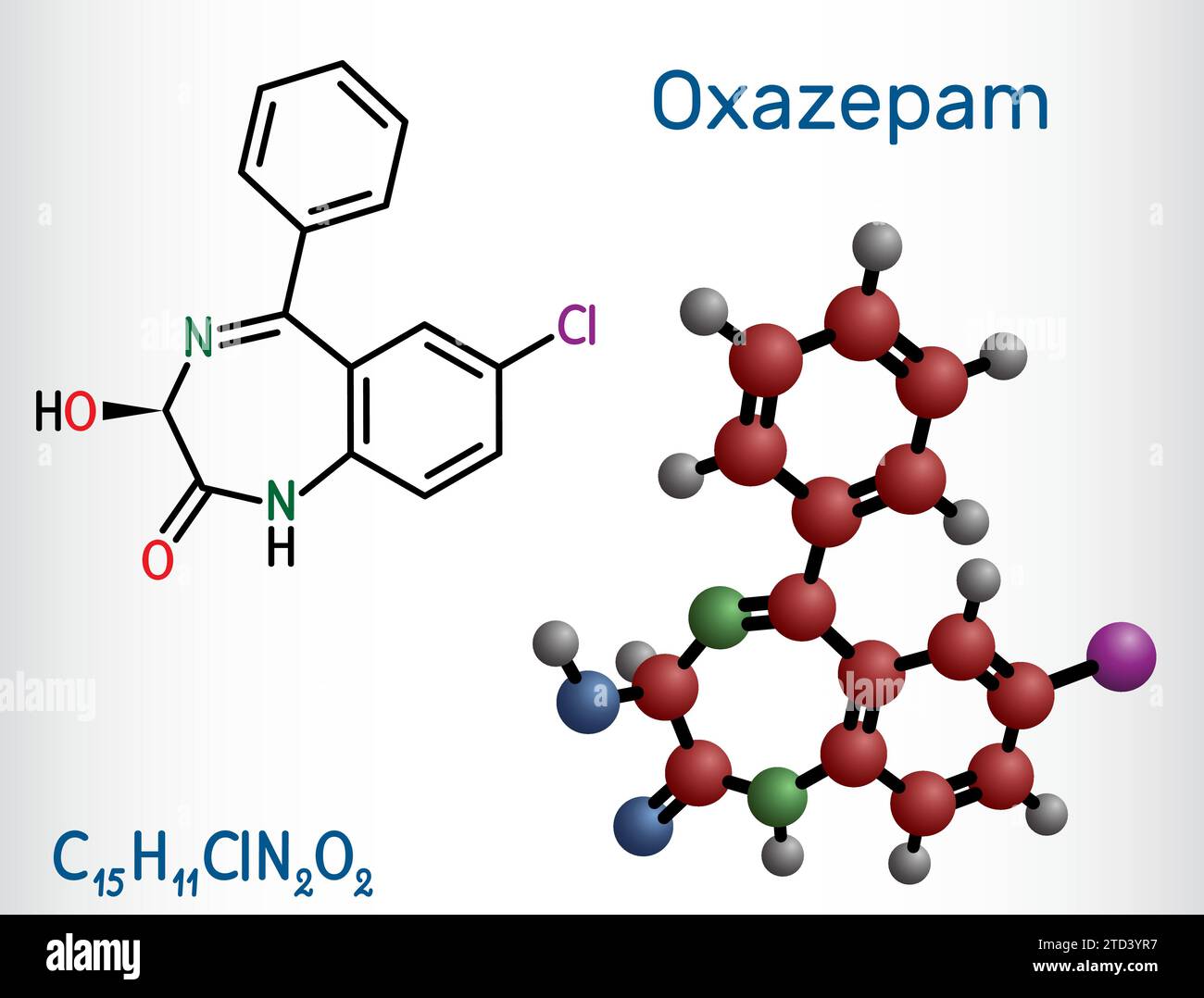 Oxazepam molecule. It is benzodiazepine used to treat panic disorders ...