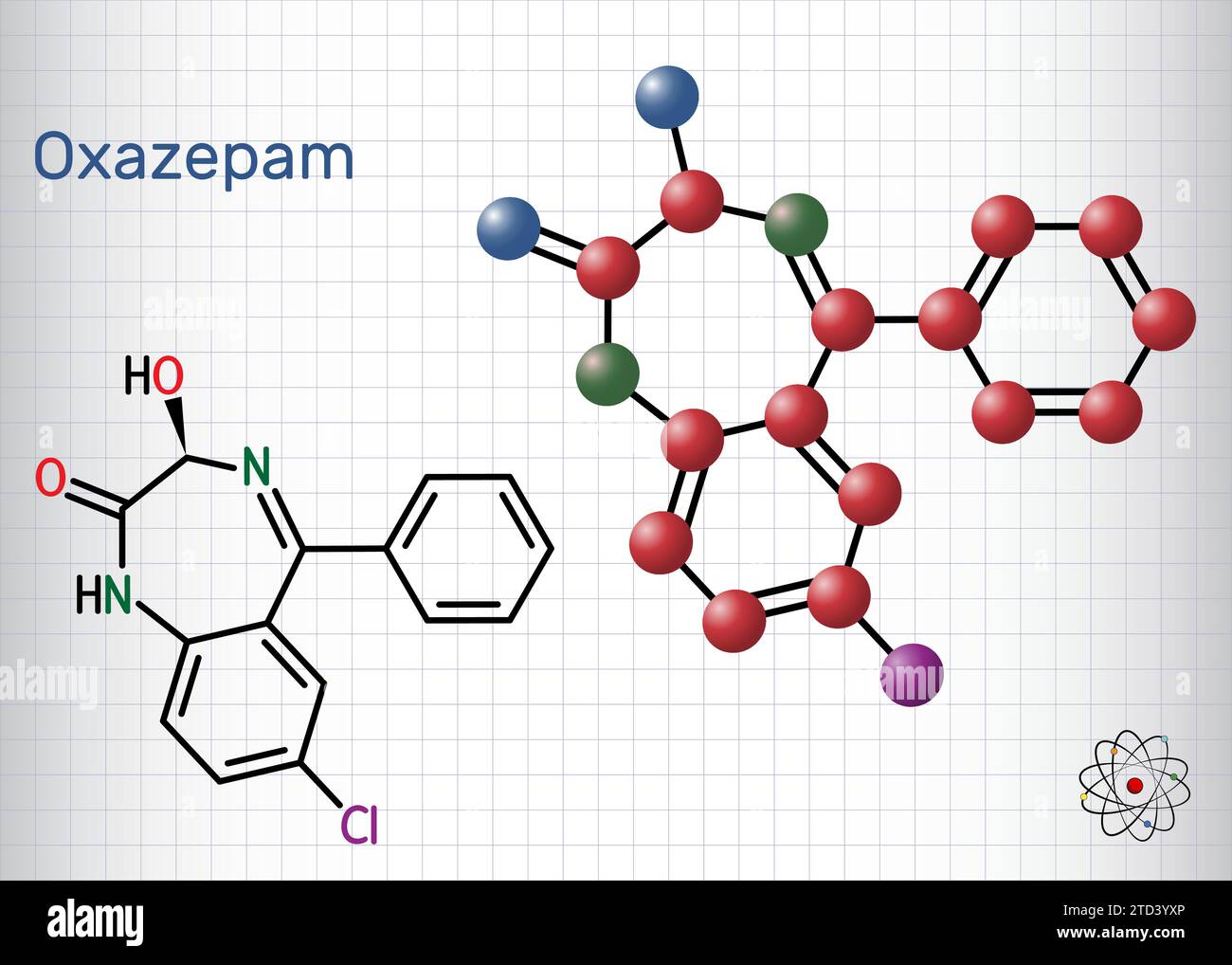 Oxazepam molecule. It is benzodiazepine. Structural chemical formula ...