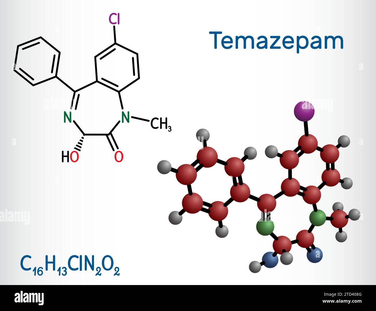 Temazepam drug molecule. It is benzodiazepine, used to treat panic ...