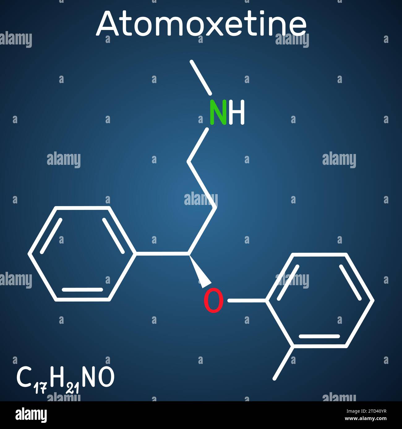 Atomoxetine molecule. Structural chemical formula on the dark blue ...