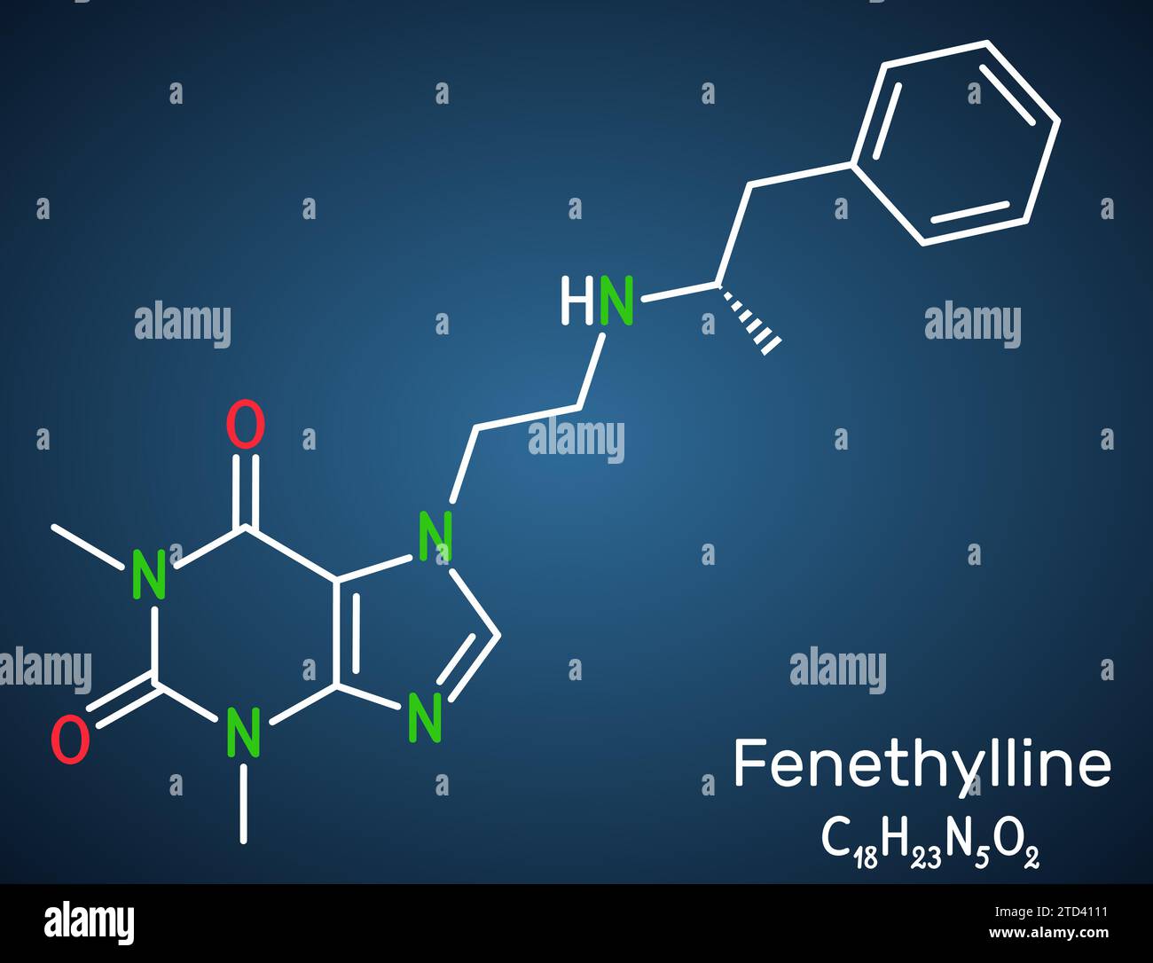 Fenethylline, phenethylline, amfetyline, fenetylline molecule. Dark ...