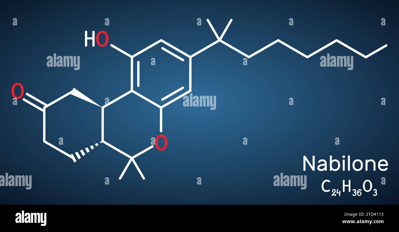 Nabilone molecule. It is synthetic cannabinoid, used as antiemetic drug ...