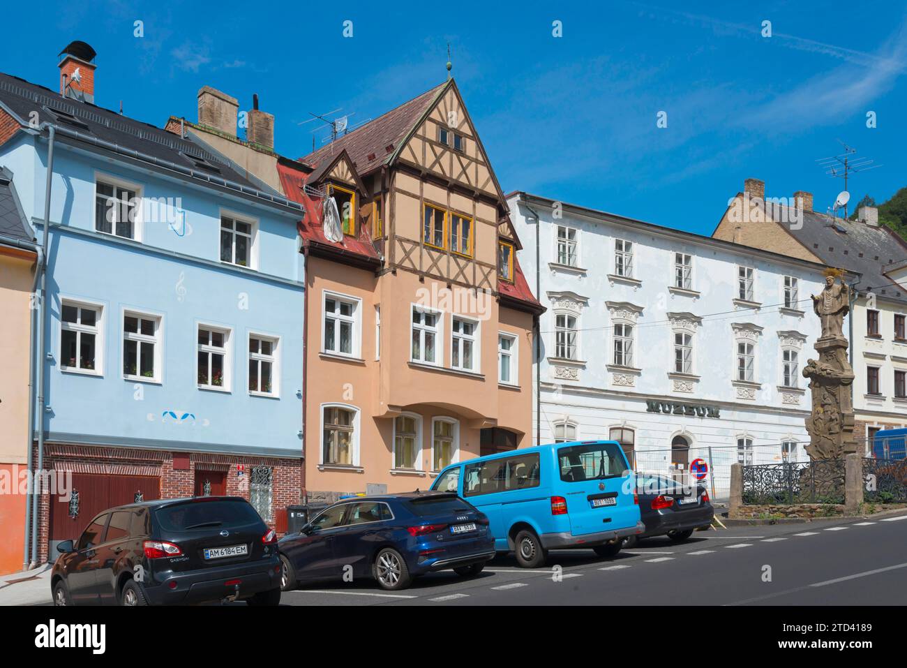 Old town with Renaissance-style museum, plague column column on the ...
