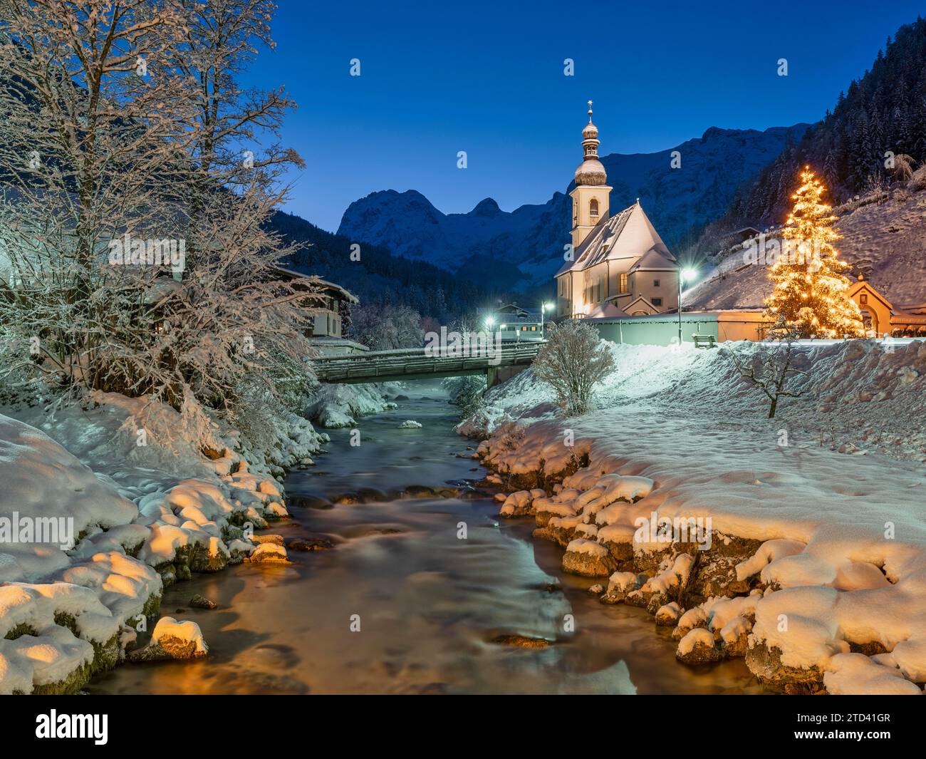 Christmas parish church of St Sebastian, winter, snow, fairy lights ...
