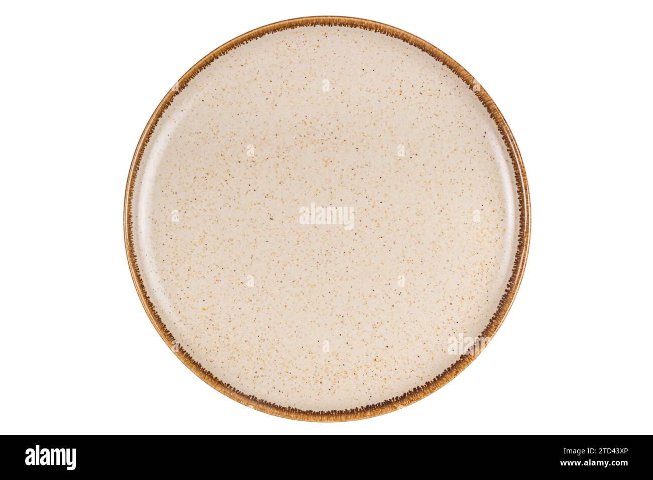 Top view of single empty round spotted brown ceramic plate with brown ...