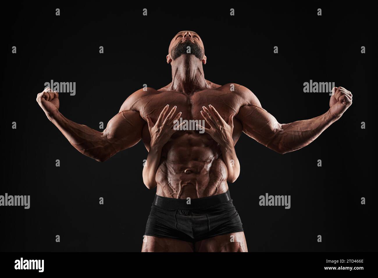 Perfect abdomen. Female hands embracing, touching muscular man abs ...