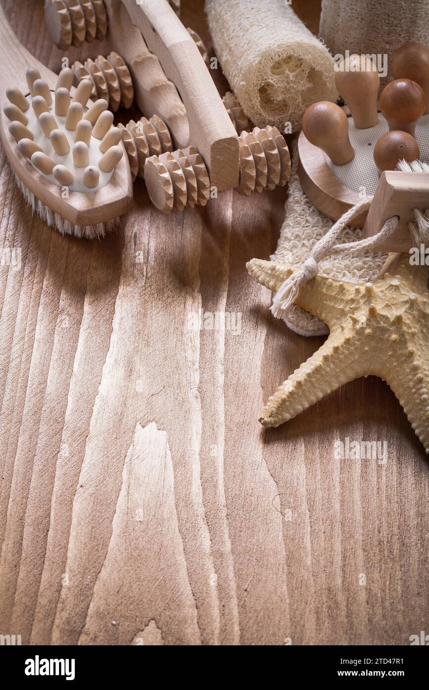 Collection of relaxing elements on pine vintage wooden board sauna ...