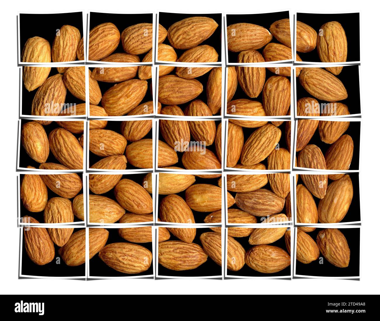 Almonds on black background collage composition of multiple images over ...