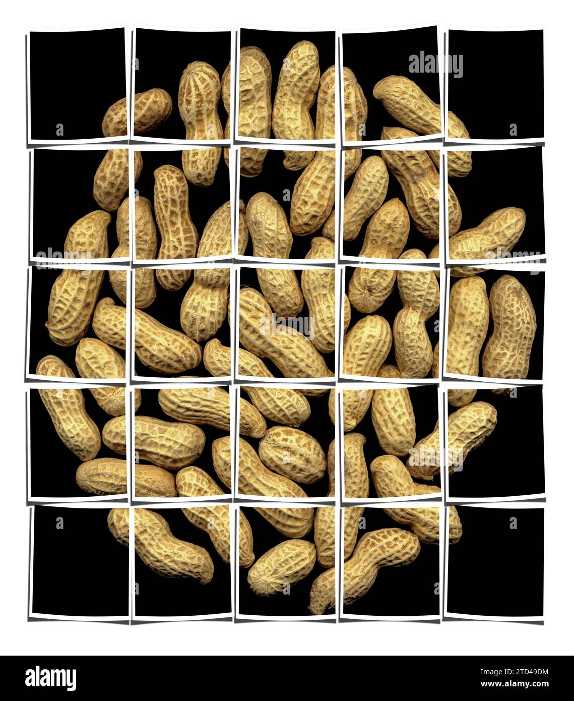 Peanuts on black background collage composition of multiple images over ...
