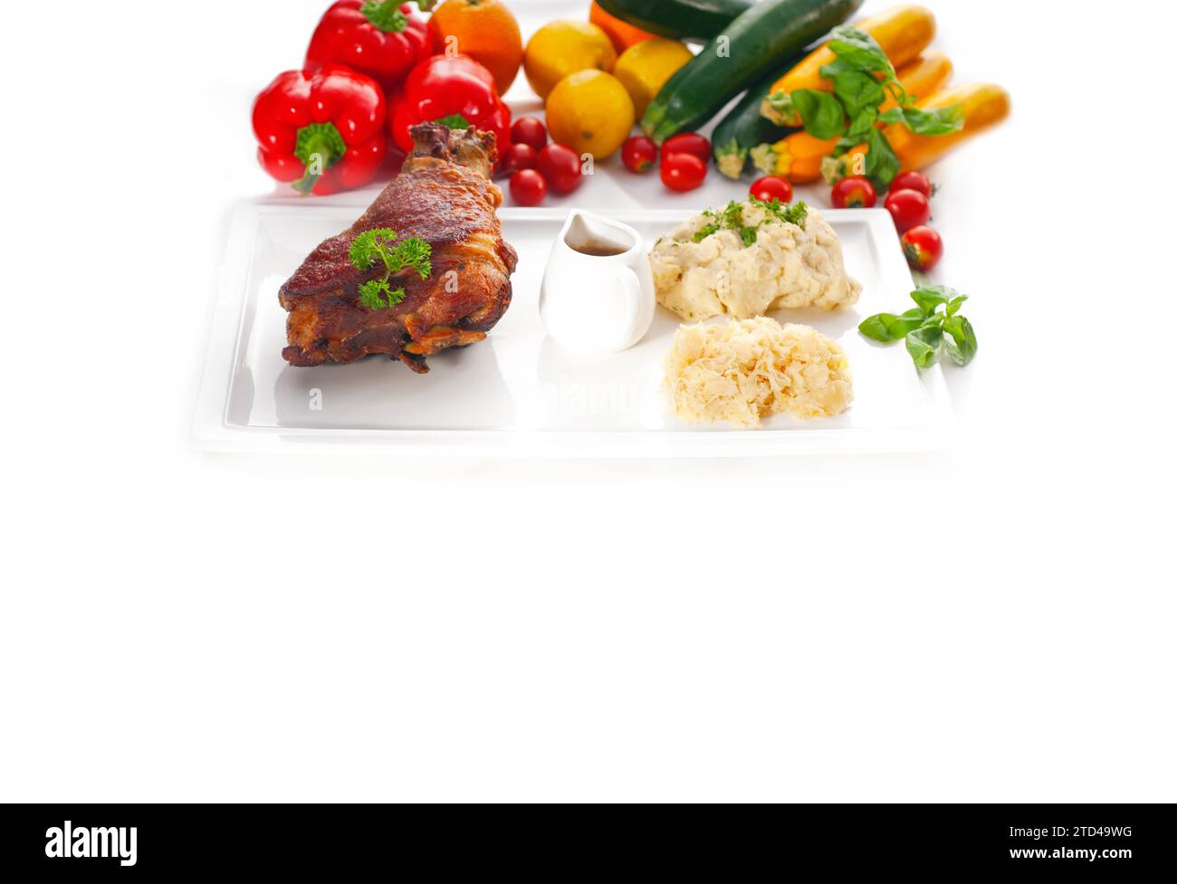 Original German BBQ pork knuckle served with mashed potatoes and ...
