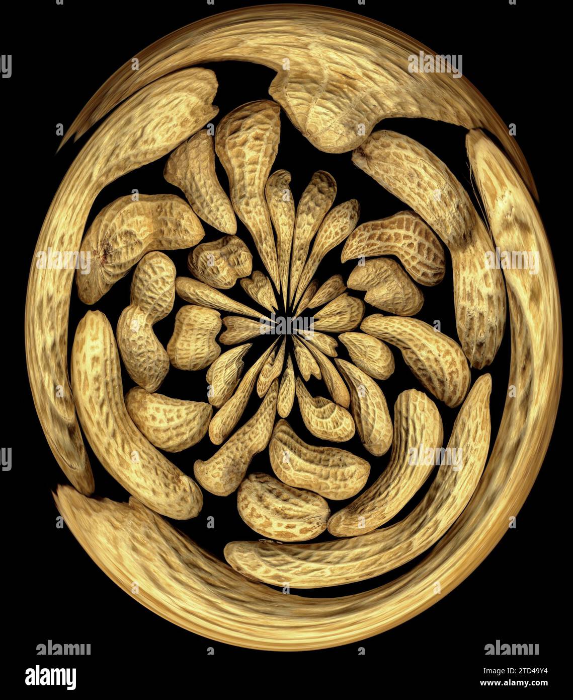 Peanuts round distortion effect on black background, food photography ...