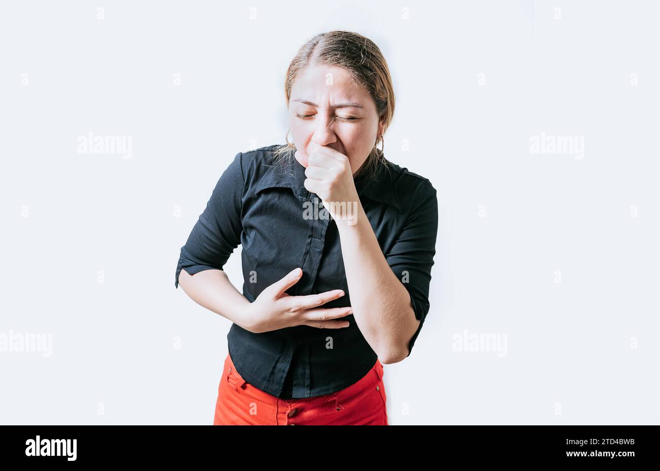 Young woman suffering from cough isolated. Girl with bronchitis ...