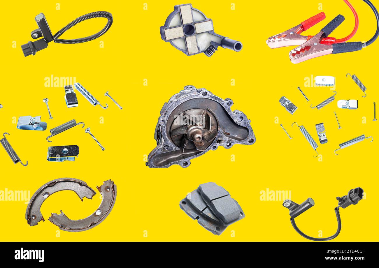Collage of car parts, brake pads, ignition coils, crankshaft sensor ...