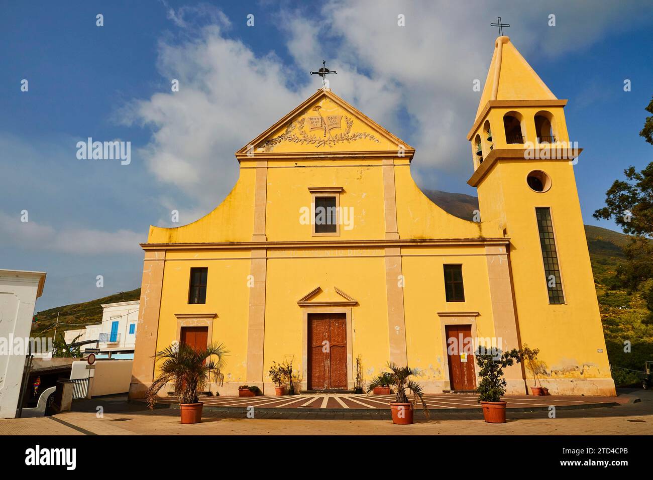 Main town, Wide angle, Yellow church, Facade, Church tower, Volcanic ...