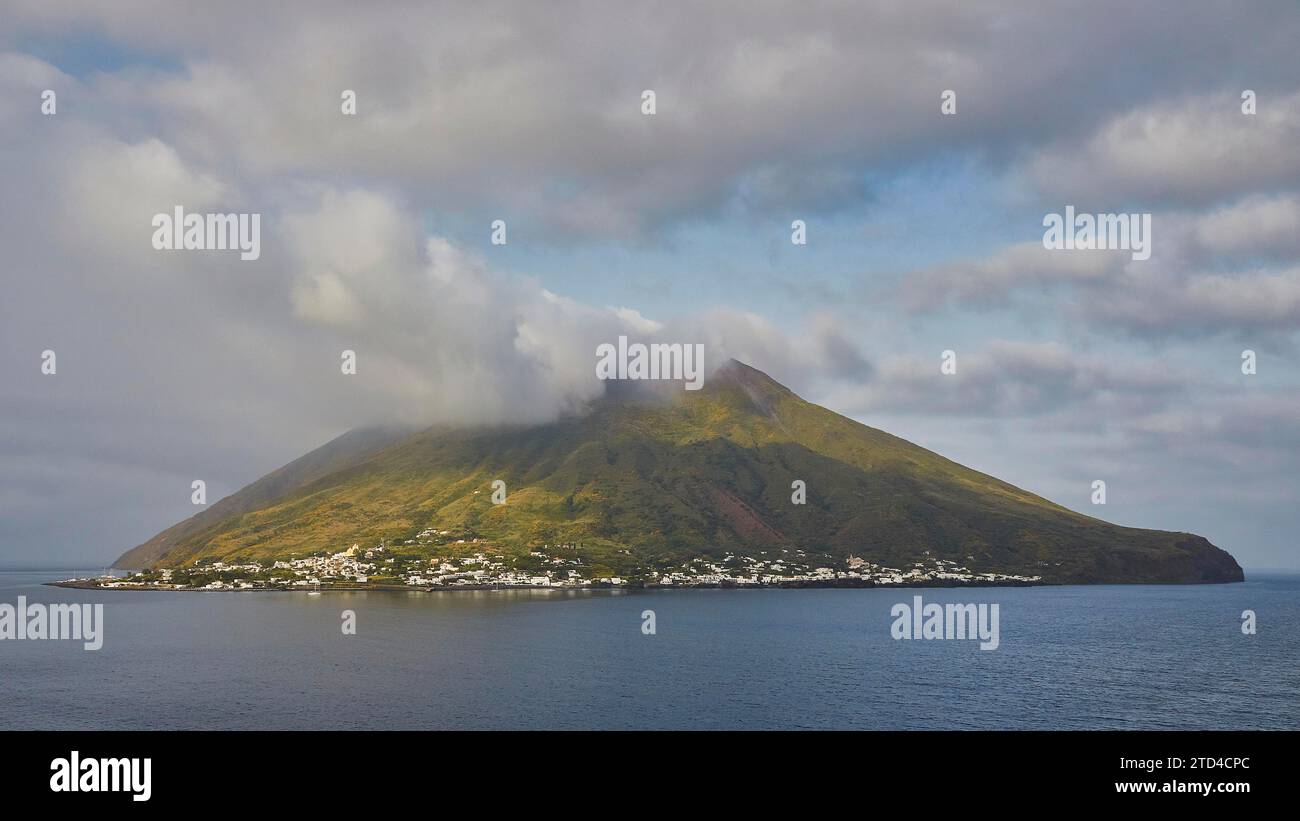 Cloudy blue sky, Stromboli, mountain, volcano, volcanic island ...