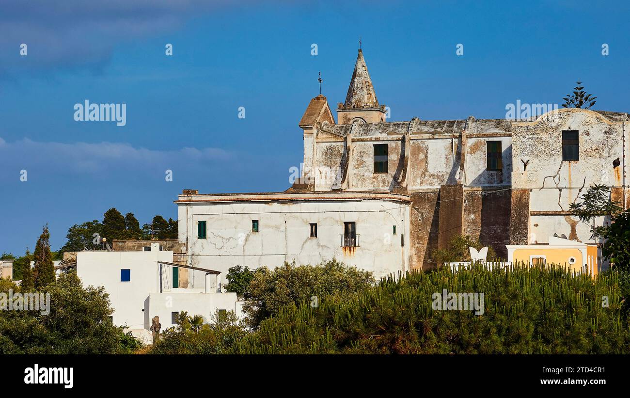 View of village, white building, church from the side, volcanic island ...
