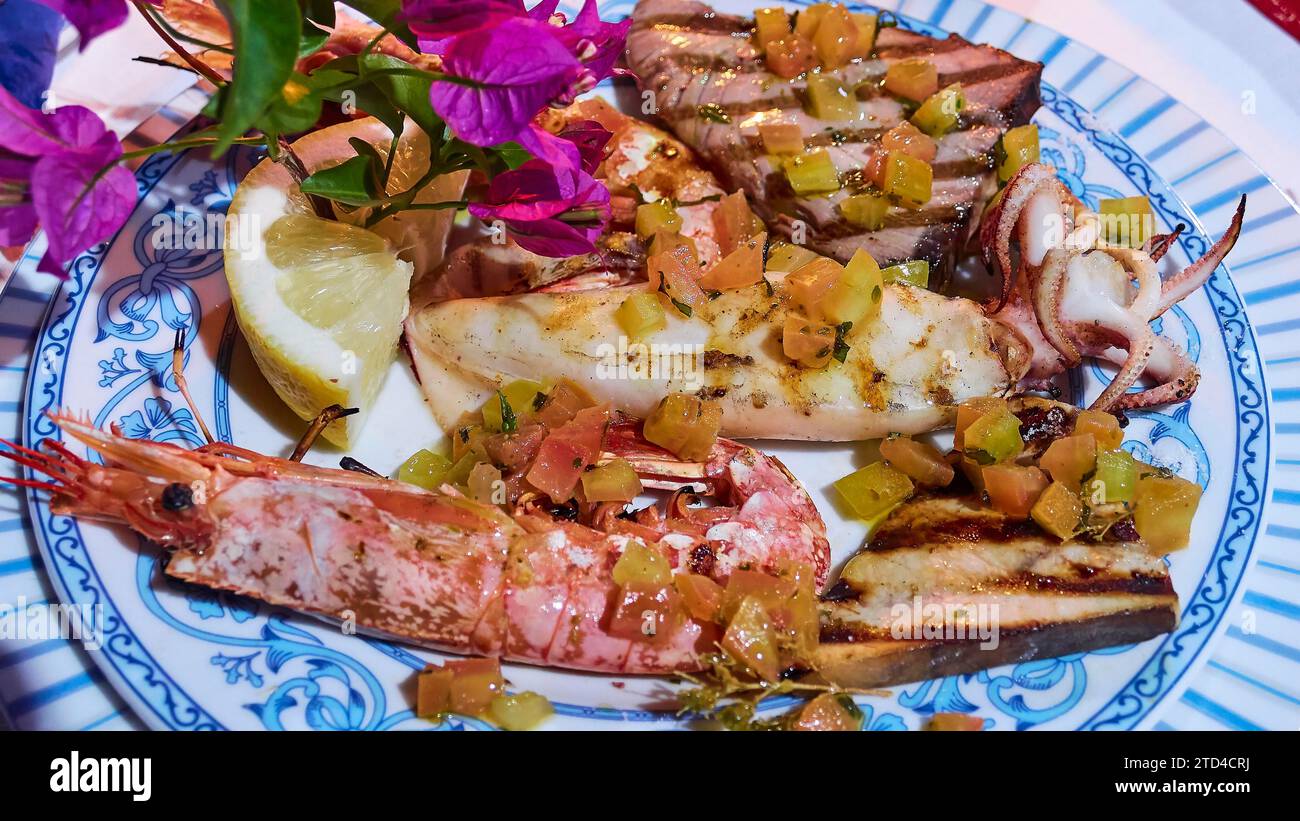 Seafood platter, king prawn, blue and white plate, volcanic island ...