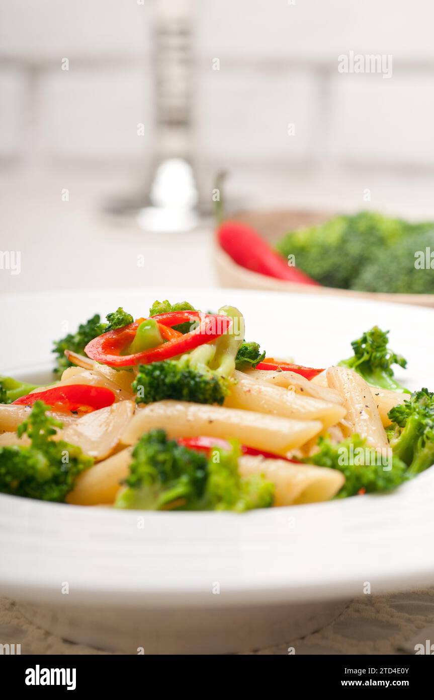 Classic Italian penne pasta with broccoli and red chili pepper Stock ...