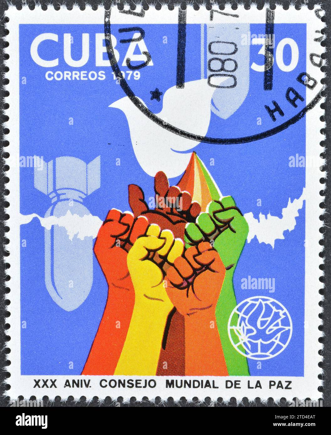 Cancelled postage stamp printed by Cuba, that shows Hands, Dove and ...
