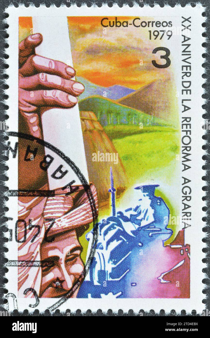Cancelled postage stamp printed by Cuba, that shows Farmer with a ...