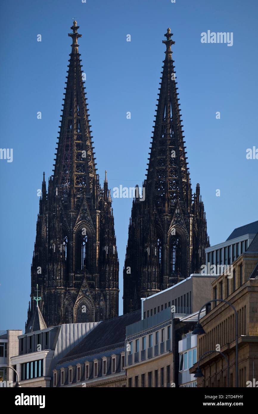 Cologne Cathedral behind the facades of houses in the city centre ...