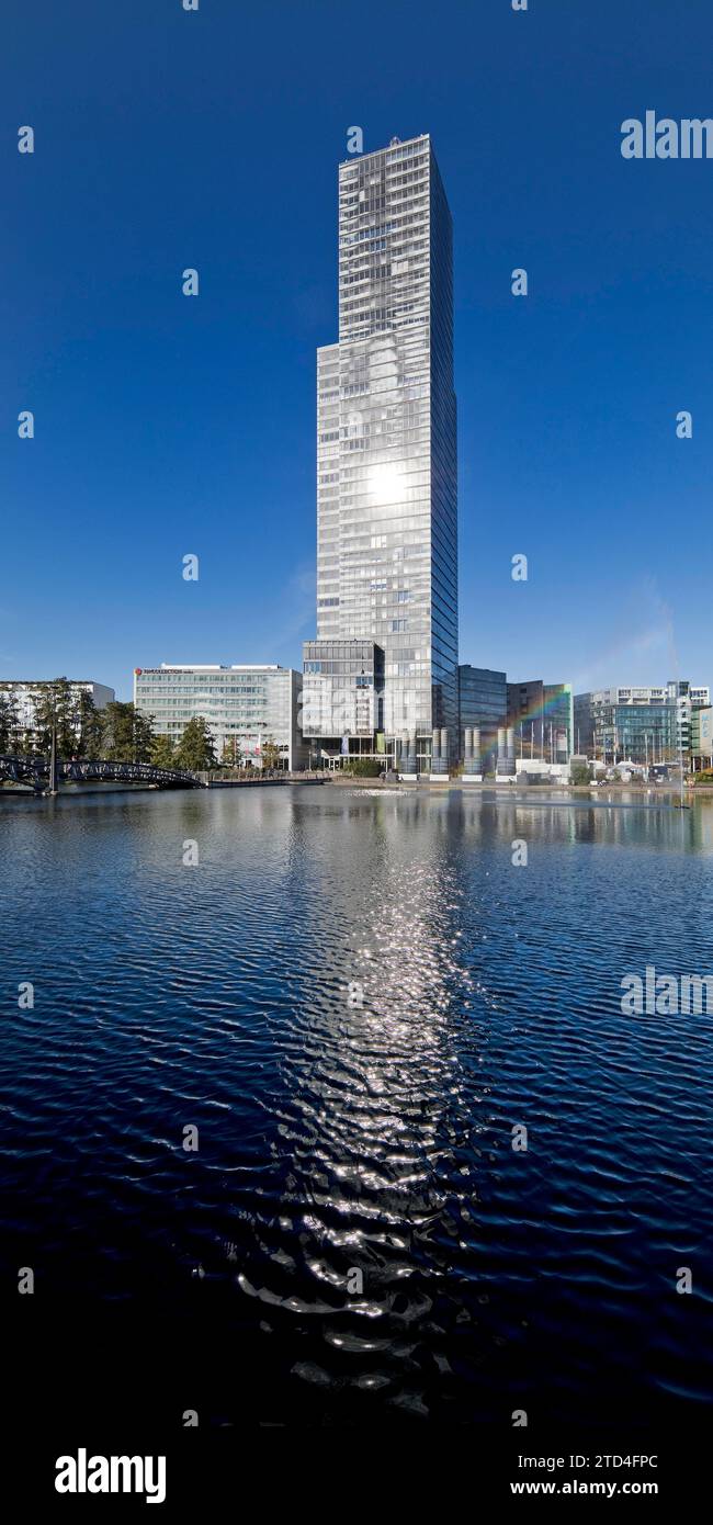 Cologne Tower reflected in the Mediapark Lake, Mediapark, Cologne ...