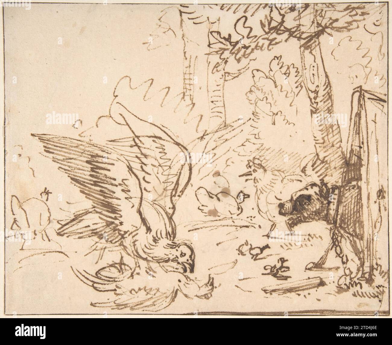 Barnyard Scene: two birds fighting (recto)Studies of Birds(verso) 1975 ...