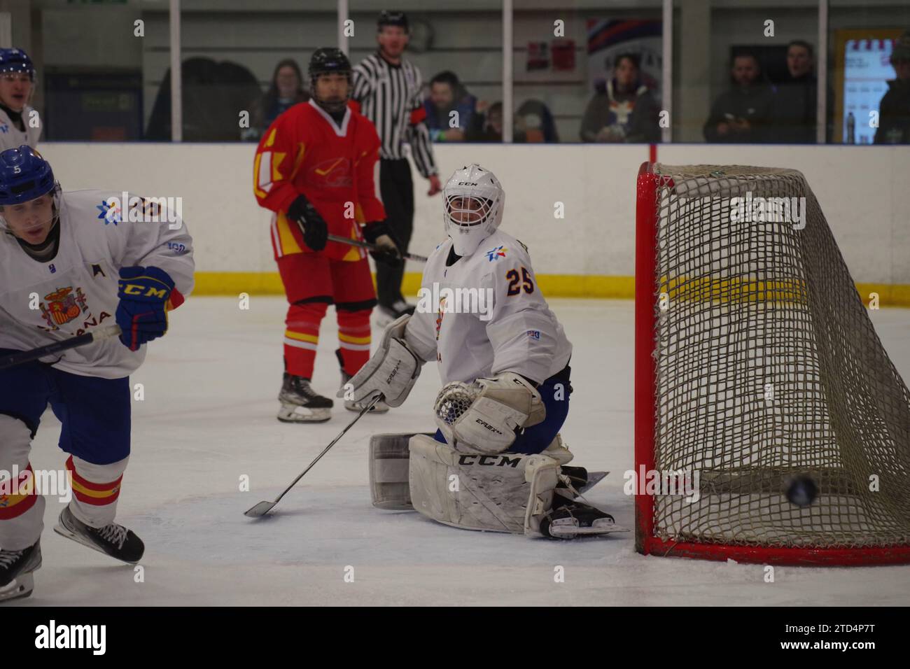 Dumfries, 11 December 2023. Pablo Tello and netminder Pablo Salvador ...